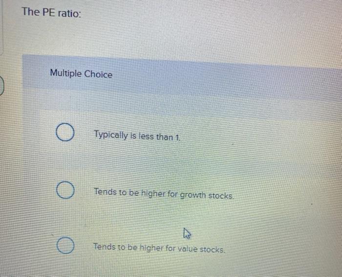 Solved The PE ratio: Multiple Choice Typically is less than | Chegg.com