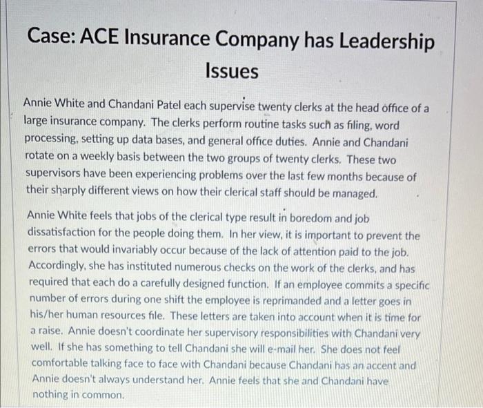 Case: ACE Insurance Company has Leadership Issues | Chegg.com