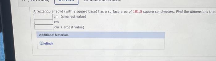 Solved A rectangular solid (with a square base) has a | Chegg.com