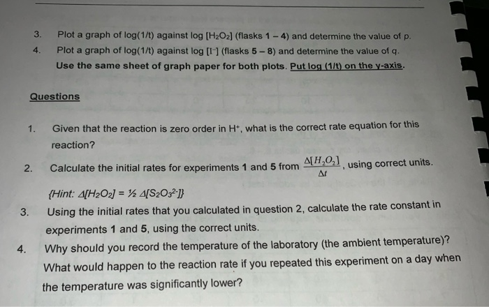 3. 4. Plot a graph of log(1/t) against log [H2O2] | Chegg.com