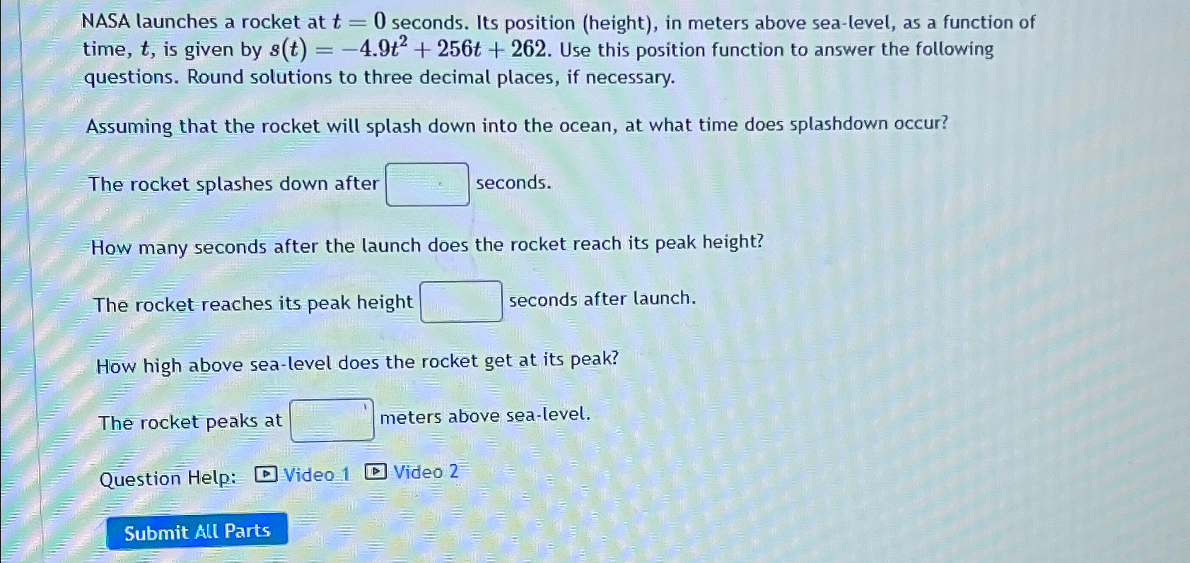 Solved NASA launches a rocket at t=0 ﻿seconds. Its position | Chegg.com