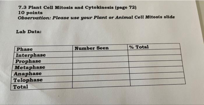 Solved 7.3 Plant Cell Mitosis and Cytolkinesis (page 72) 10 | Chegg.com