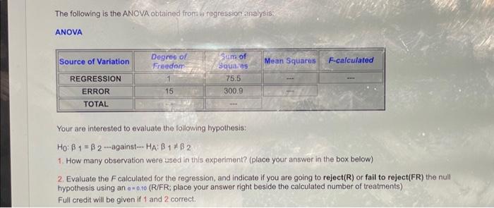 Solved The following is the ANOVA obtained fromi | Chegg.com