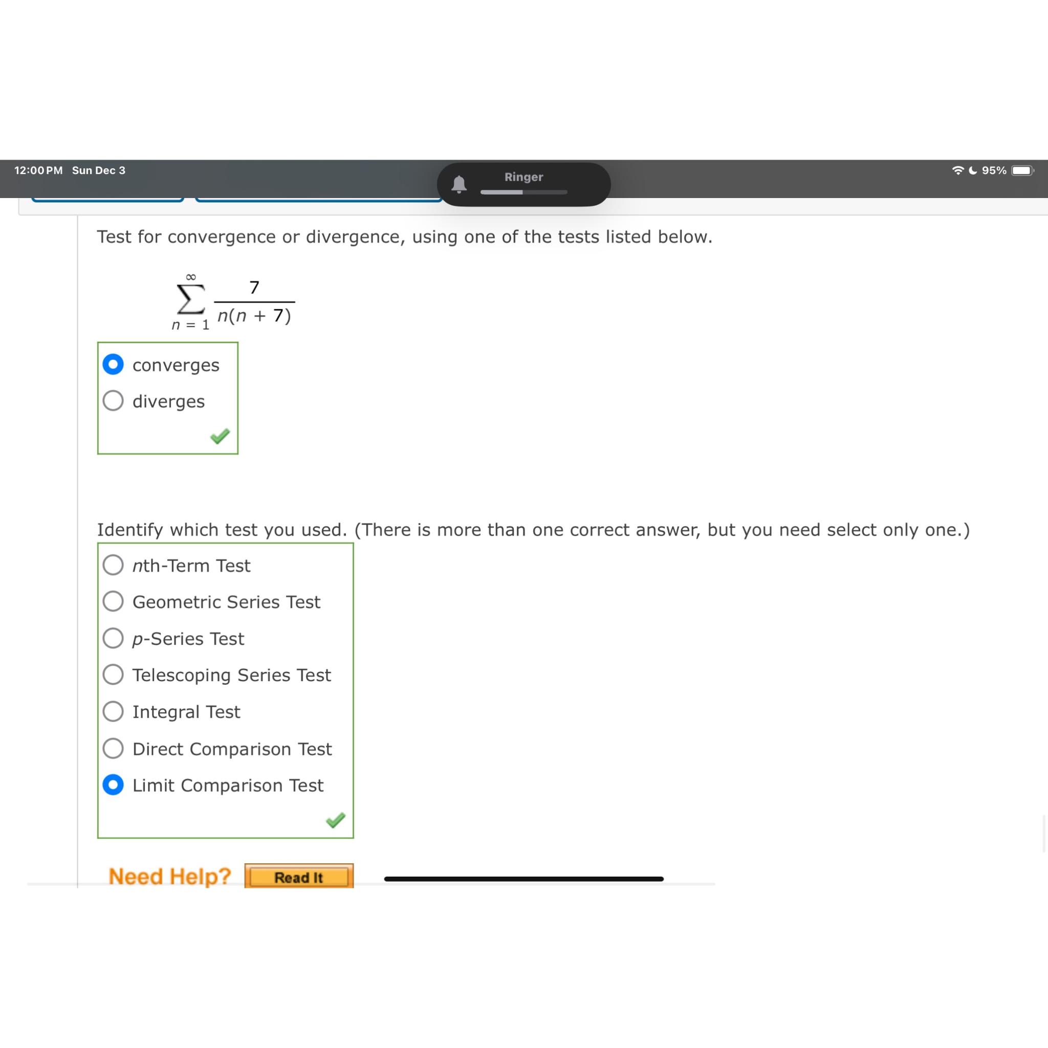 Solved Test for convergence or divergence, using one of the | Chegg.com