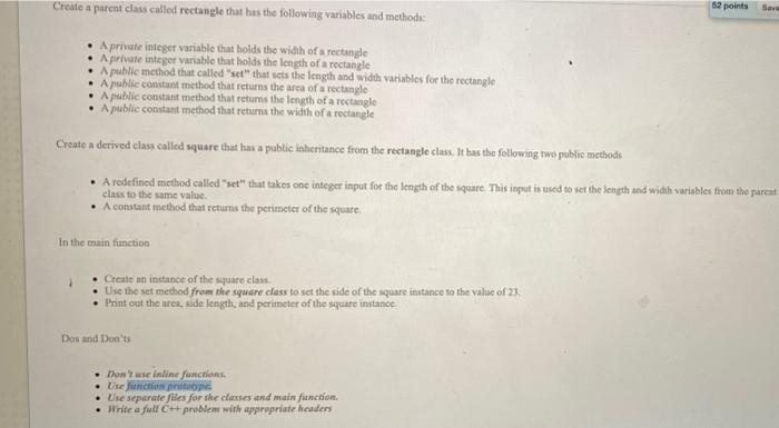Solved Create a parent class called rectangle that has the | Chegg.com