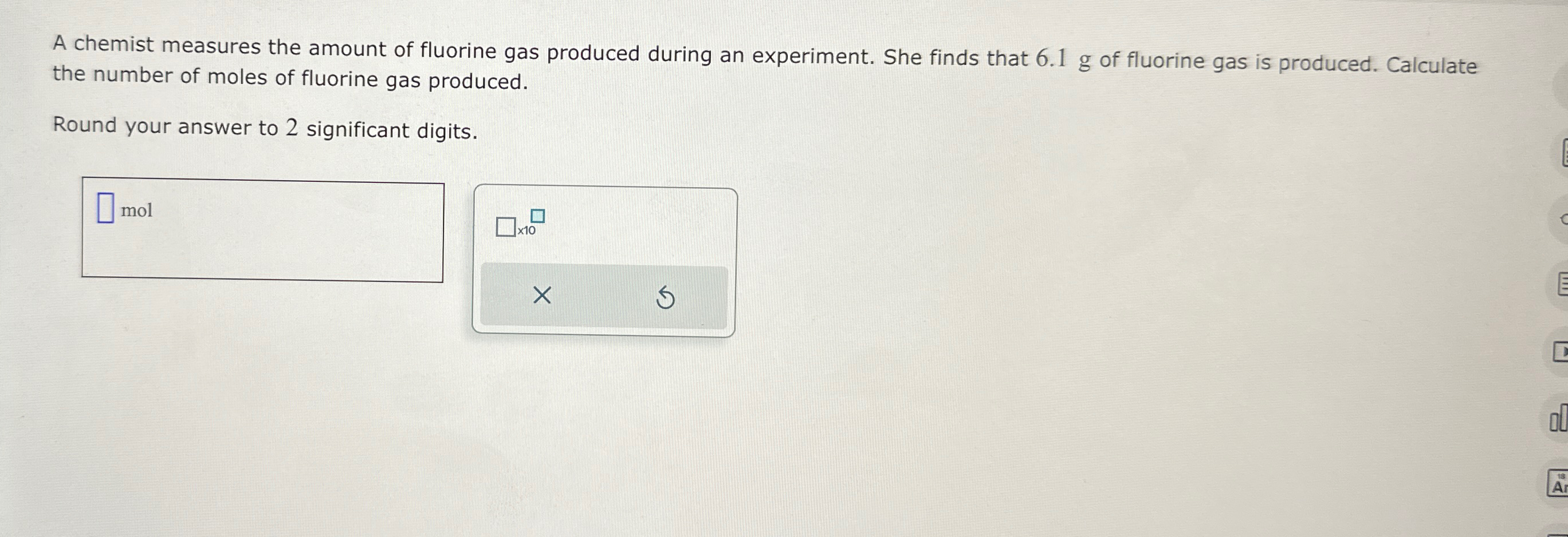 Solved A chemist measures the amount of fluorine gas | Chegg.com