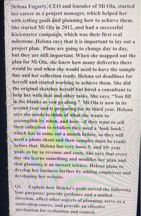 Solved Helena Fogarty, CEO and founder of Mi Ola, started | Chegg.com
