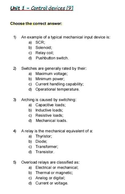 Solved Unit 1 - Control devices (9) Choose the correct | Chegg.com