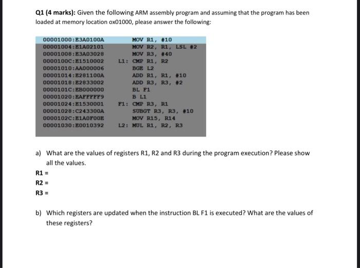 Solved Q1 (4 marks): Given the following ARM assembly | Chegg.com