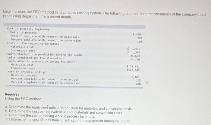 Solved Easy Inc. uses the FIFO method in its process costing | Chegg.com