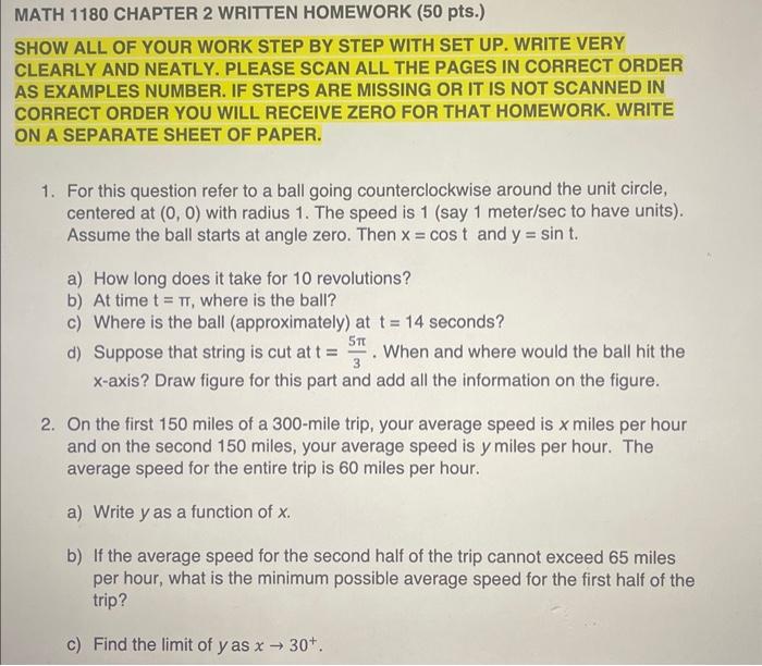 MATH 1180 CHAPTER 2 WRITTEN HOMEWORK (50 pts.) SHOW | Chegg.com