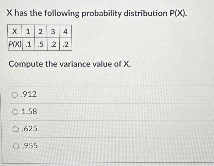 Solved X has the following probability distribution P(X). | Chegg.com
