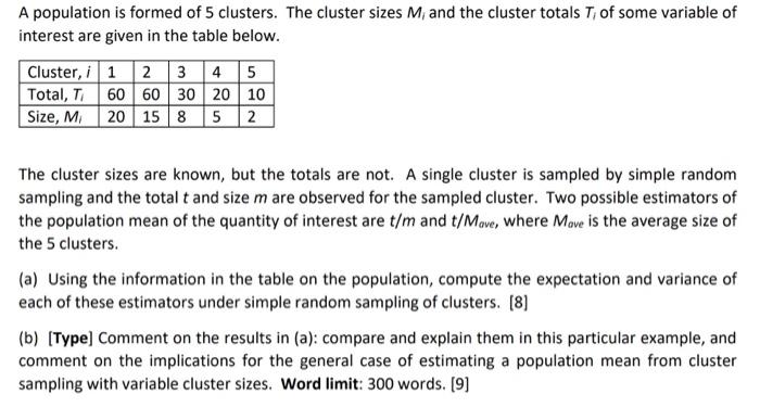 Solved A population is formed of 5 clusters. The cluster | Chegg.com