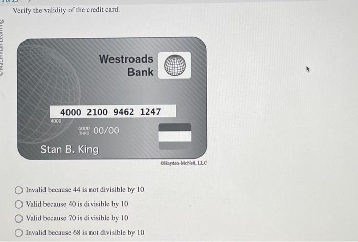 Solved Verify the validity of the credit card. 4000 2100 | Chegg.com