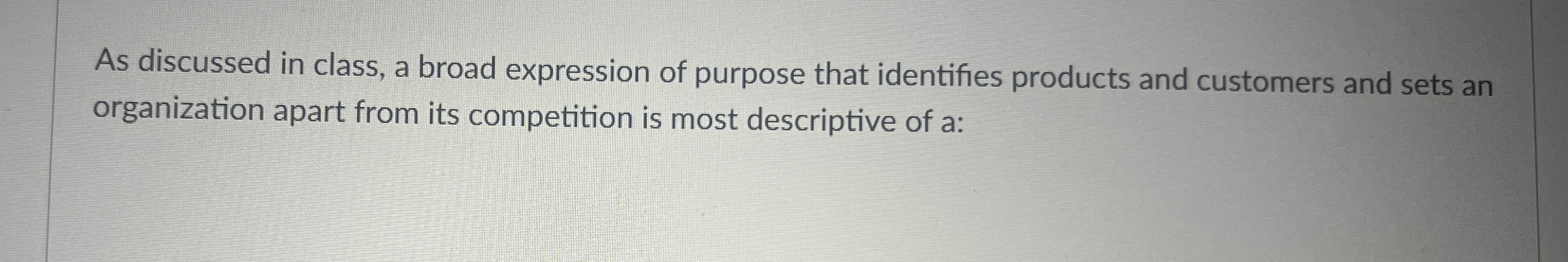 Solved As discussed in class, a broad expression of purpose | Chegg.com