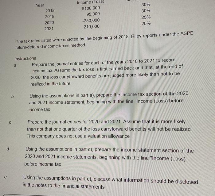 Solved Riley inc reports the following pre-tax incomes | Chegg.com