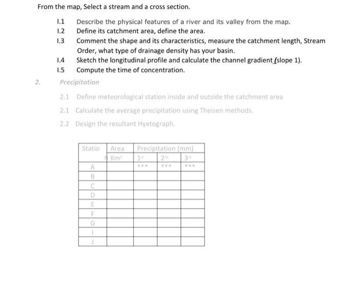 Solved From the map, Select a stream and a cross section. | Chegg.com