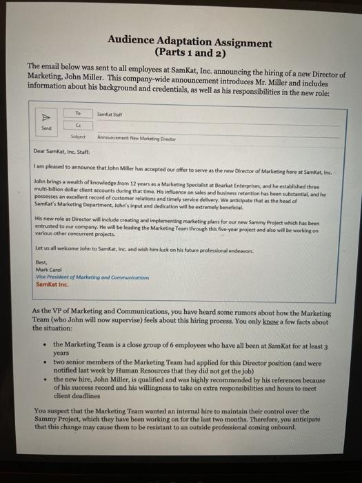 Audience Adaptation Assignment (Parts 1 and 2) The | Chegg.com