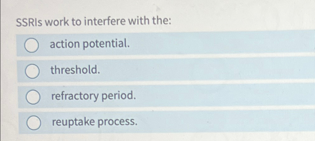 Solved SSRIs work to interfere with the:action | Chegg.com