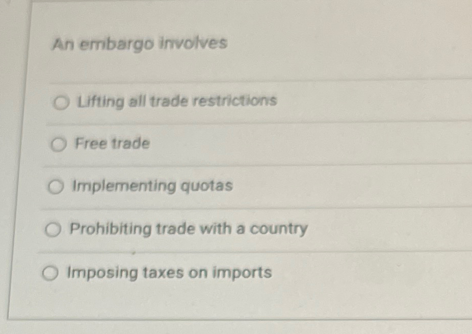 Solved An embargo involvesLifting all trade restrictionsFree | Chegg.com