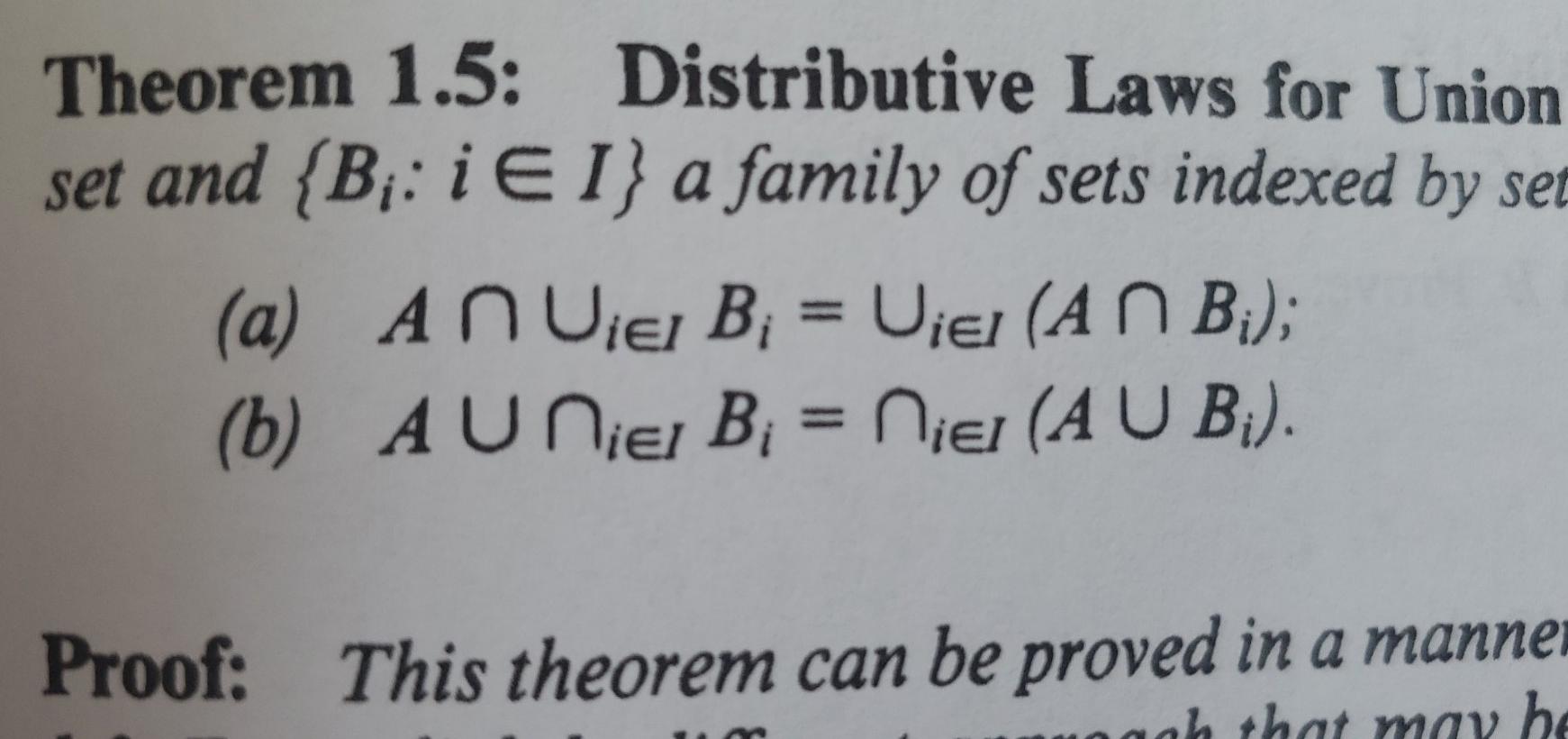 Solved Theorem 1.5: Distributive Laws for Union set and | Chegg.com