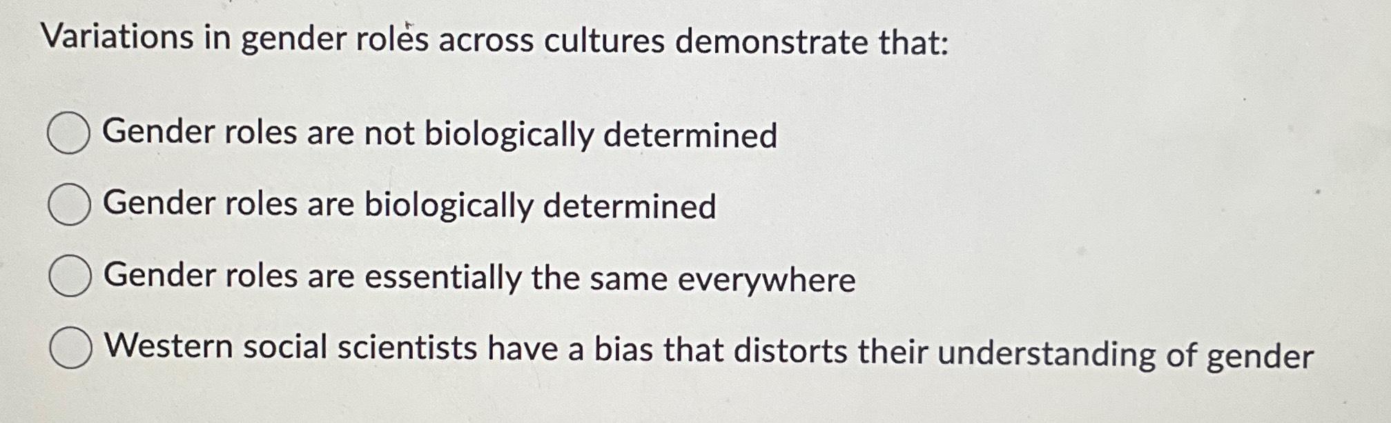 Solved Variations in gender roles across cultures | Chegg.com