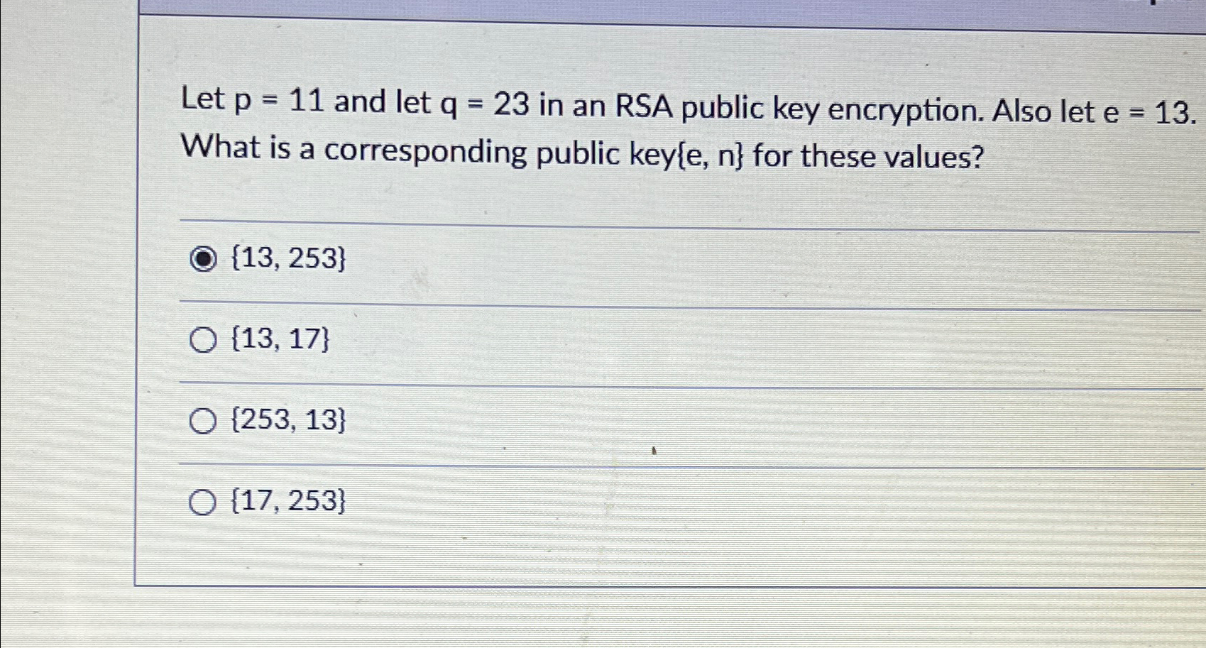 Solved Let p=11 ﻿and let q=23 ﻿in an RSA public key | Chegg.com