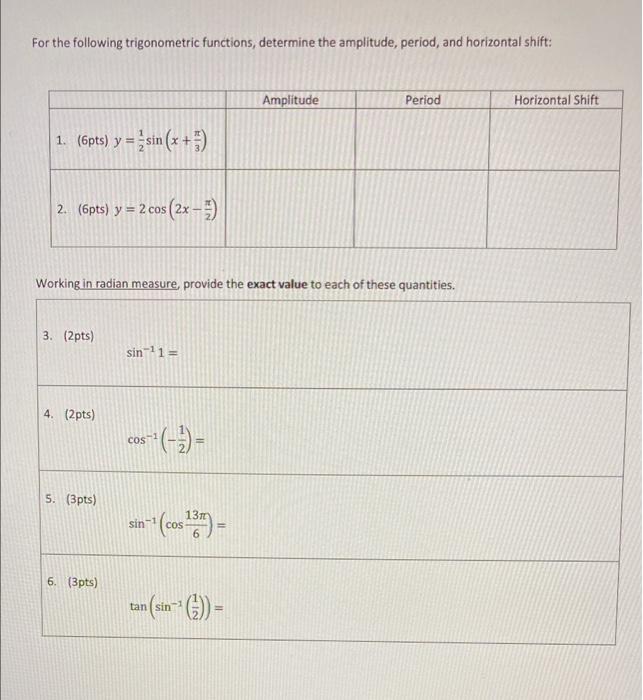 Solved For the following trigonometric functions, determine | Chegg.com