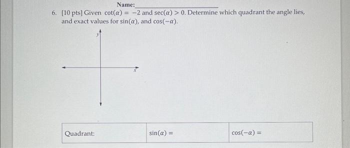 Solved 6. [10 pts] Given cot(α)=−2 and sec(α)>0. Determine | Chegg.com
