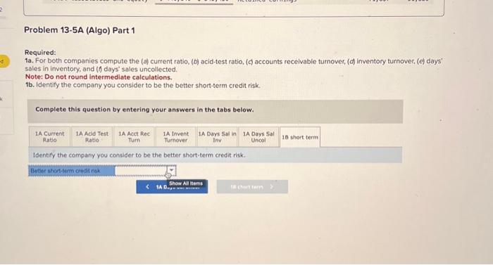 Solved Problem 13-5A (Algo) Comparative ratio analysis LO P3 | Chegg.com