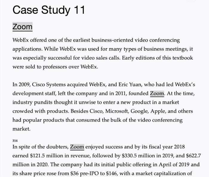Solved Read the Zoom case study 11 at the end of chapter 11. | Chegg.com