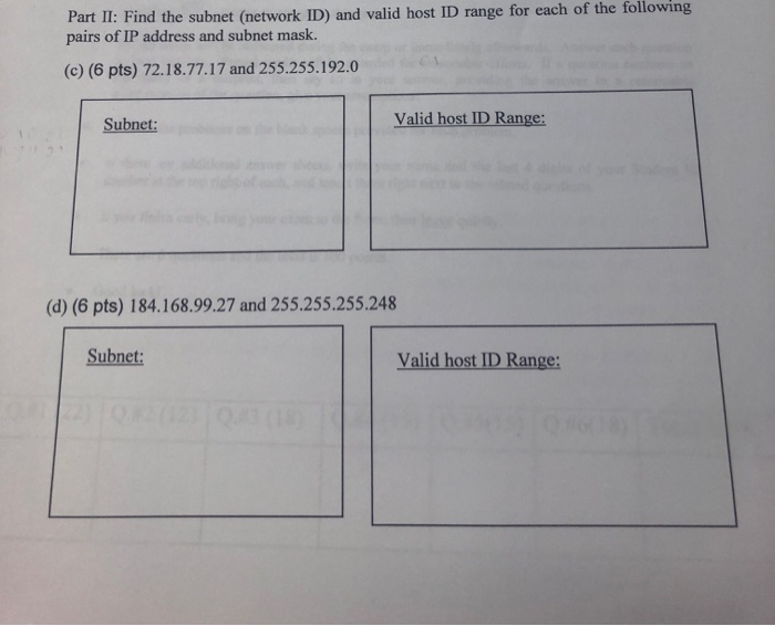 Solved Part II: Find the subnet (network ID) and valid host | Chegg.com