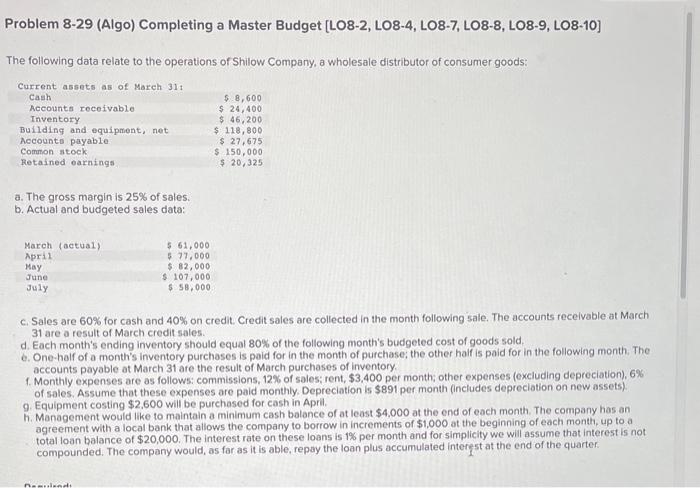 [Solved]: Problem 8-29 (Algo) Completing a Master Budget [L
