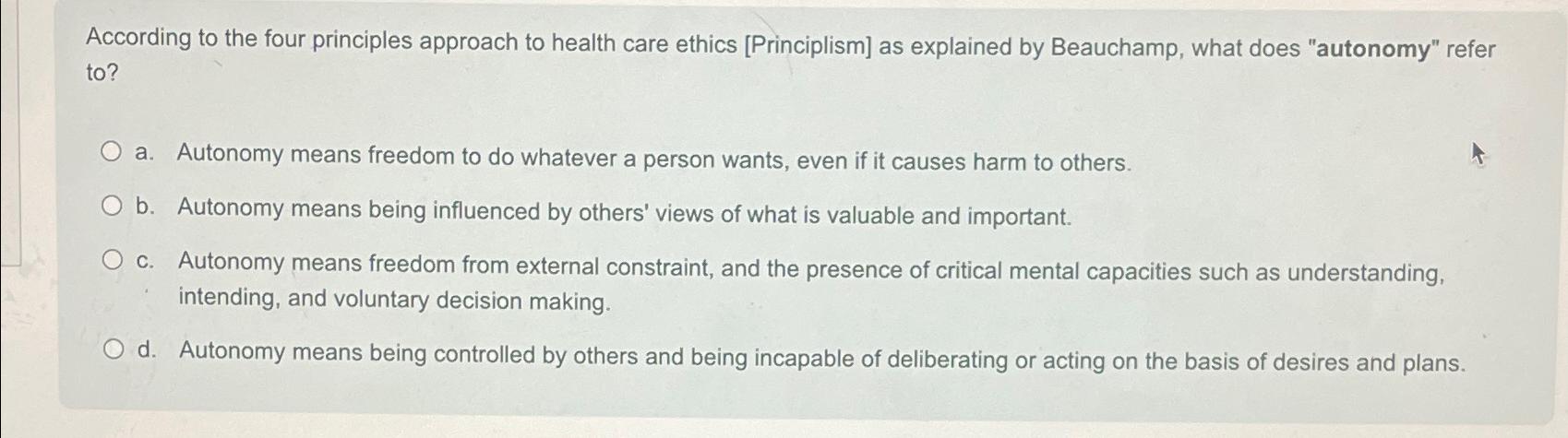 Solved According to the four principles approach to health | Chegg.com