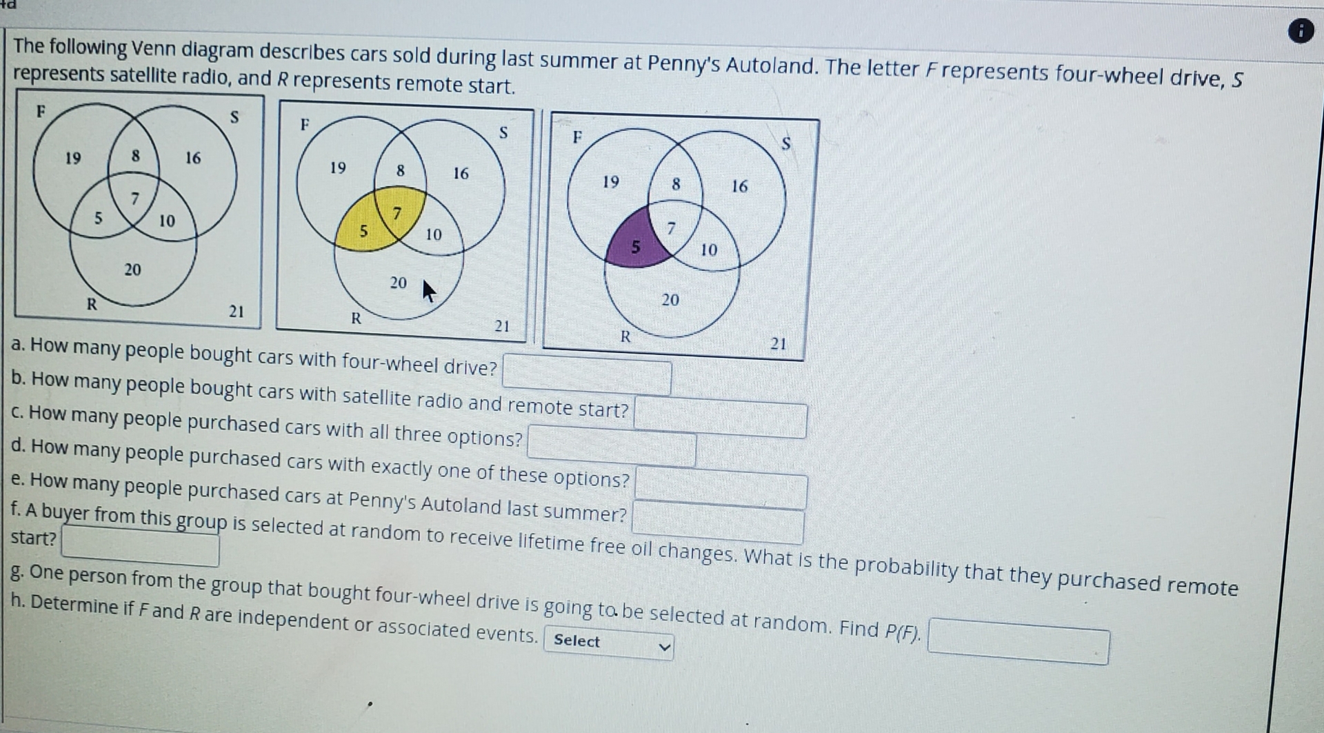 Solved The following Venn diagram describes cars sold during | Chegg.com