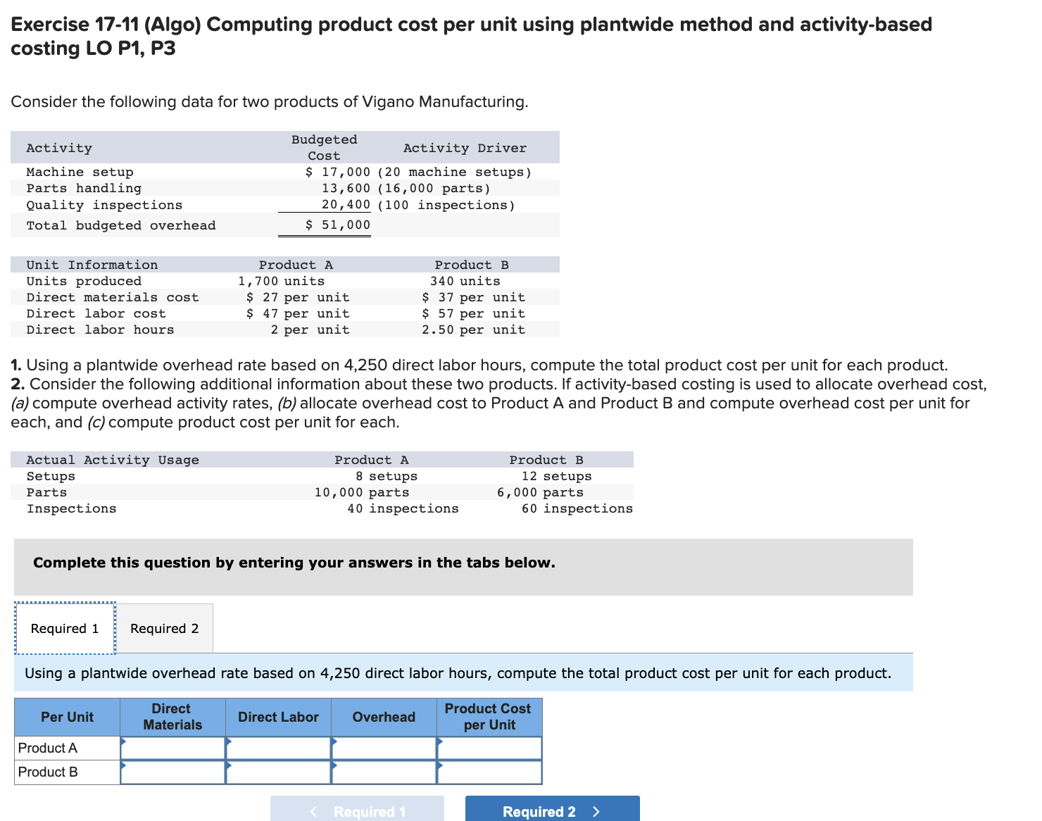 Solved Exercise 17-11 (Algo) ﻿Computing product cost per | Chegg.com