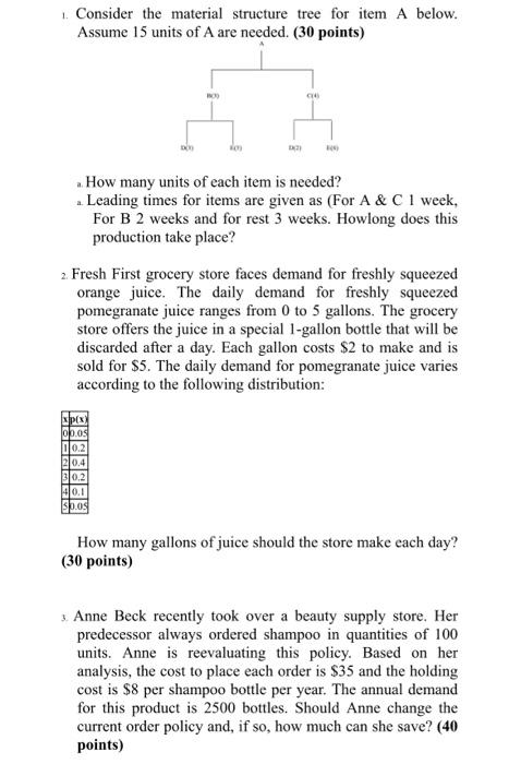 Solved 1. Consider the material structure tree for item A | Chegg.com
