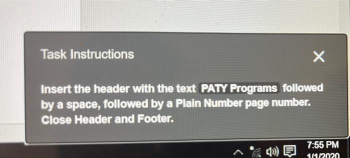 Solved Task Instructions X Insert the header with the text | Chegg.com