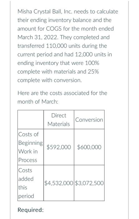 Solved Misha Crystal Ball, Inc. needs to calculate their | Chegg.com