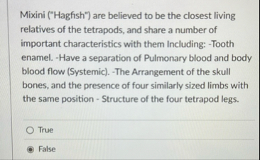 Solved Mixini ("Hagfish") ﻿are believed to be the closest | Chegg.com