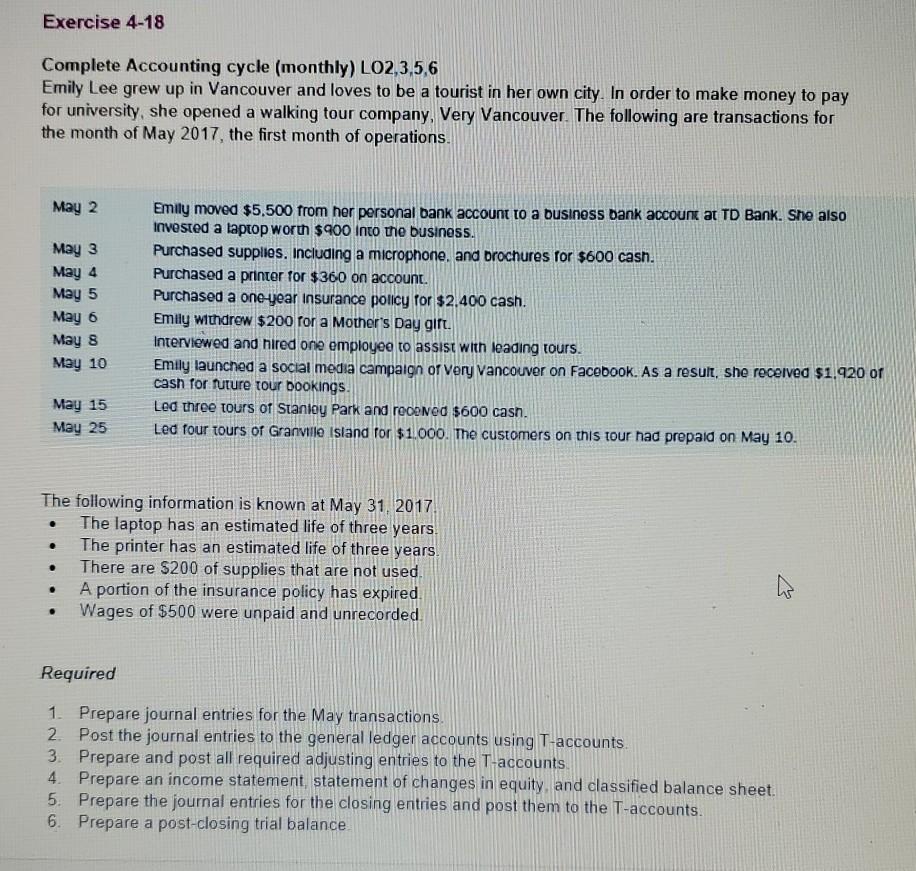 Solved Exercise 4-18 Complete Accounting cycle (monthly) | Chegg.com