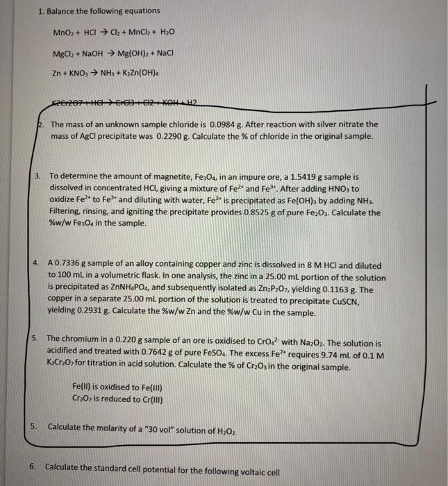 Solved 1. Balance the following equations \\[ | Chegg.com