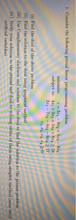 Solved 1. Consider the following primal linear programming | Chegg.com