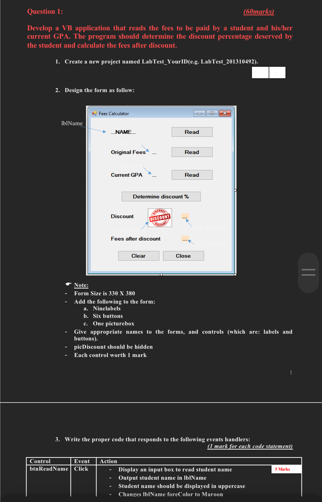 Solved Question 1:(60marks)Develop a VB application that | Chegg.com
