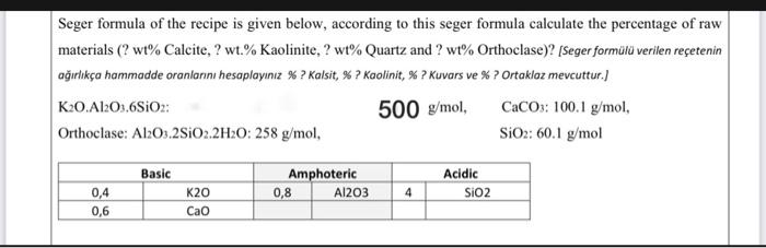 Solved Seger formula of the recipe is given below, according | Chegg.com
