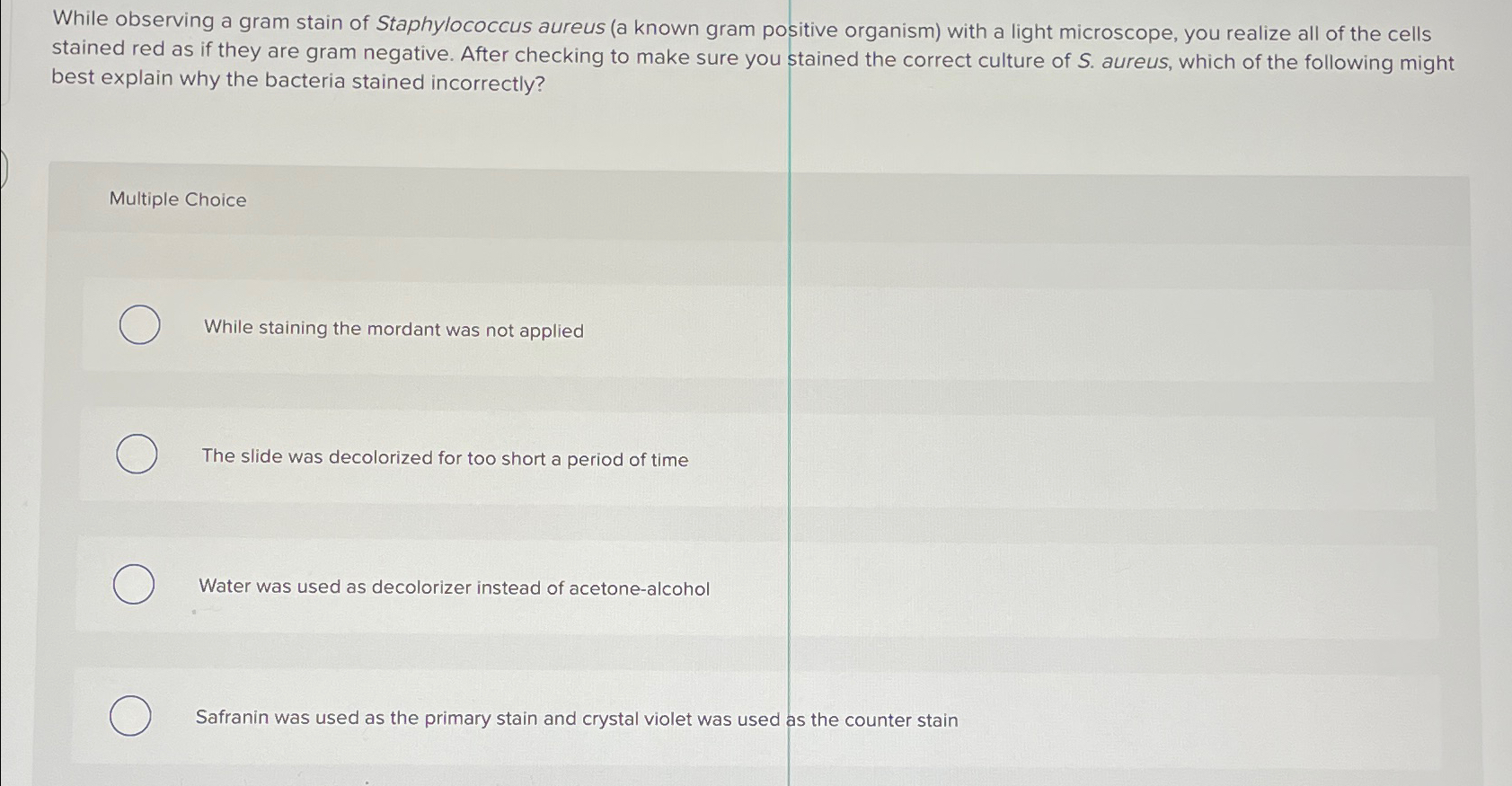Solved While observing a gram stain of Staphylococcus aureus | Chegg.com