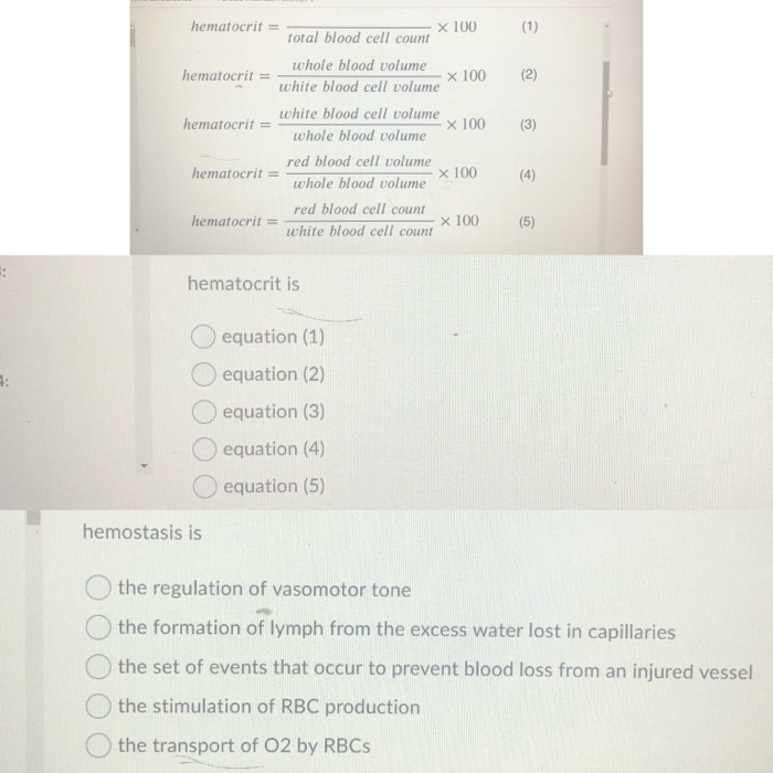Solved (1) (2) hematocrit = x 100 total blood cell count | Chegg.com