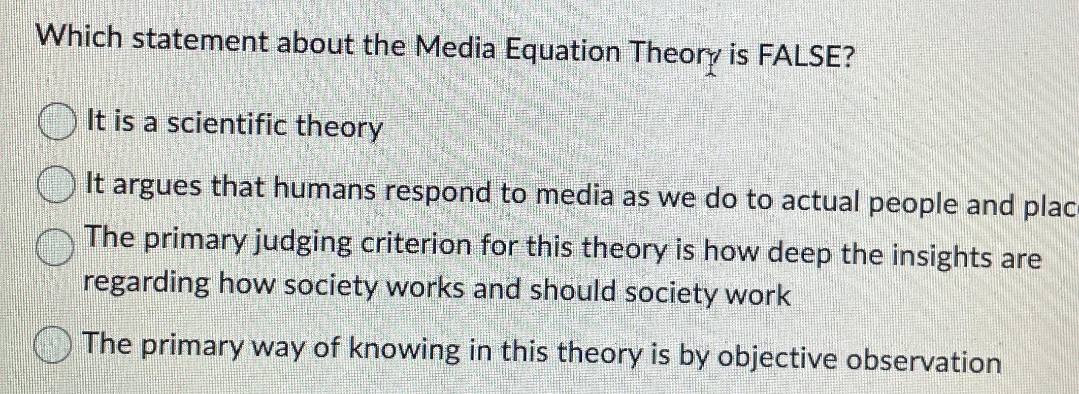 Solved Which statement about the Media Equation Theory is | Chegg.com