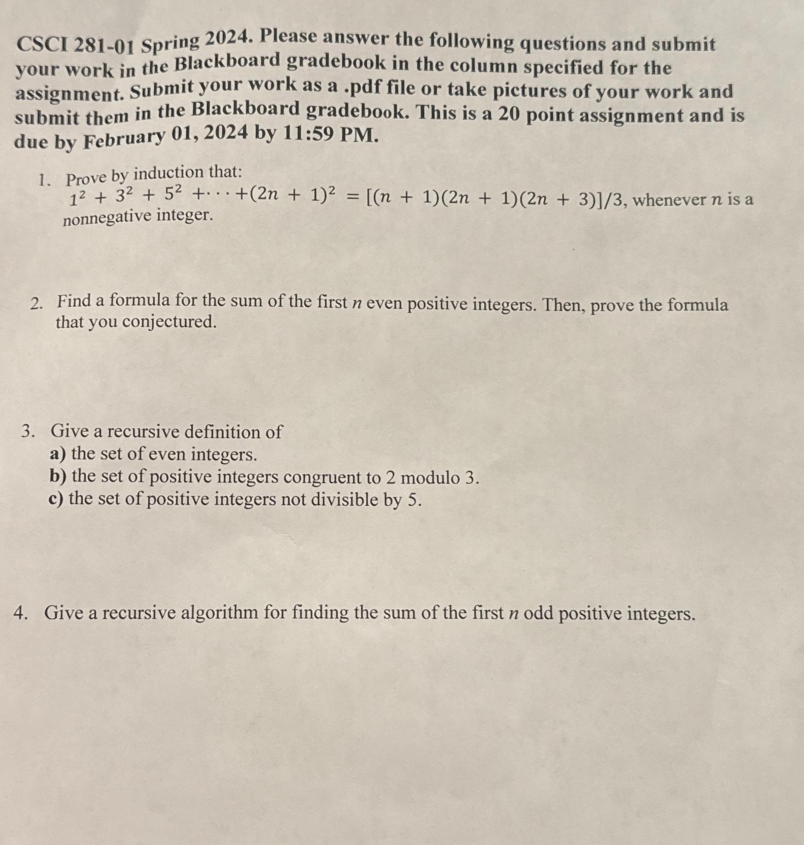Solved CSCI 281-01 ﻿Spring 2024. ﻿Please answer the | Chegg.com