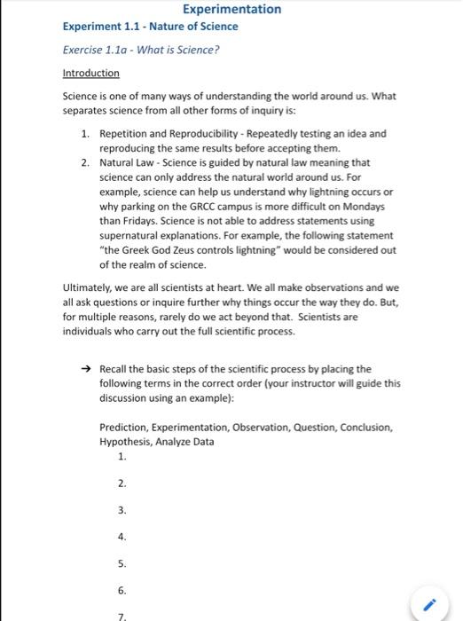 Solved Experiment 1.1 - Nature of Science Exercise 1.1a - | Chegg.com
